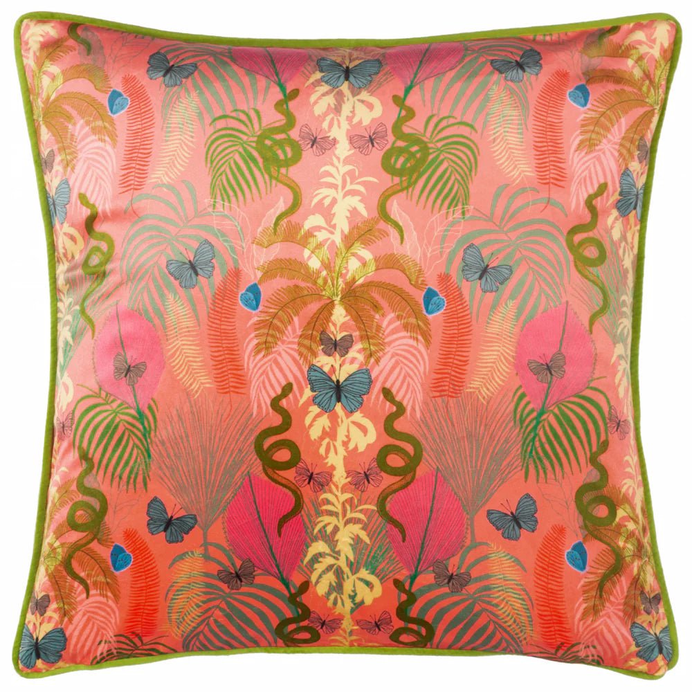 Kate Merritt Exotic Canopy Illustrated Cushion in Coral Pink